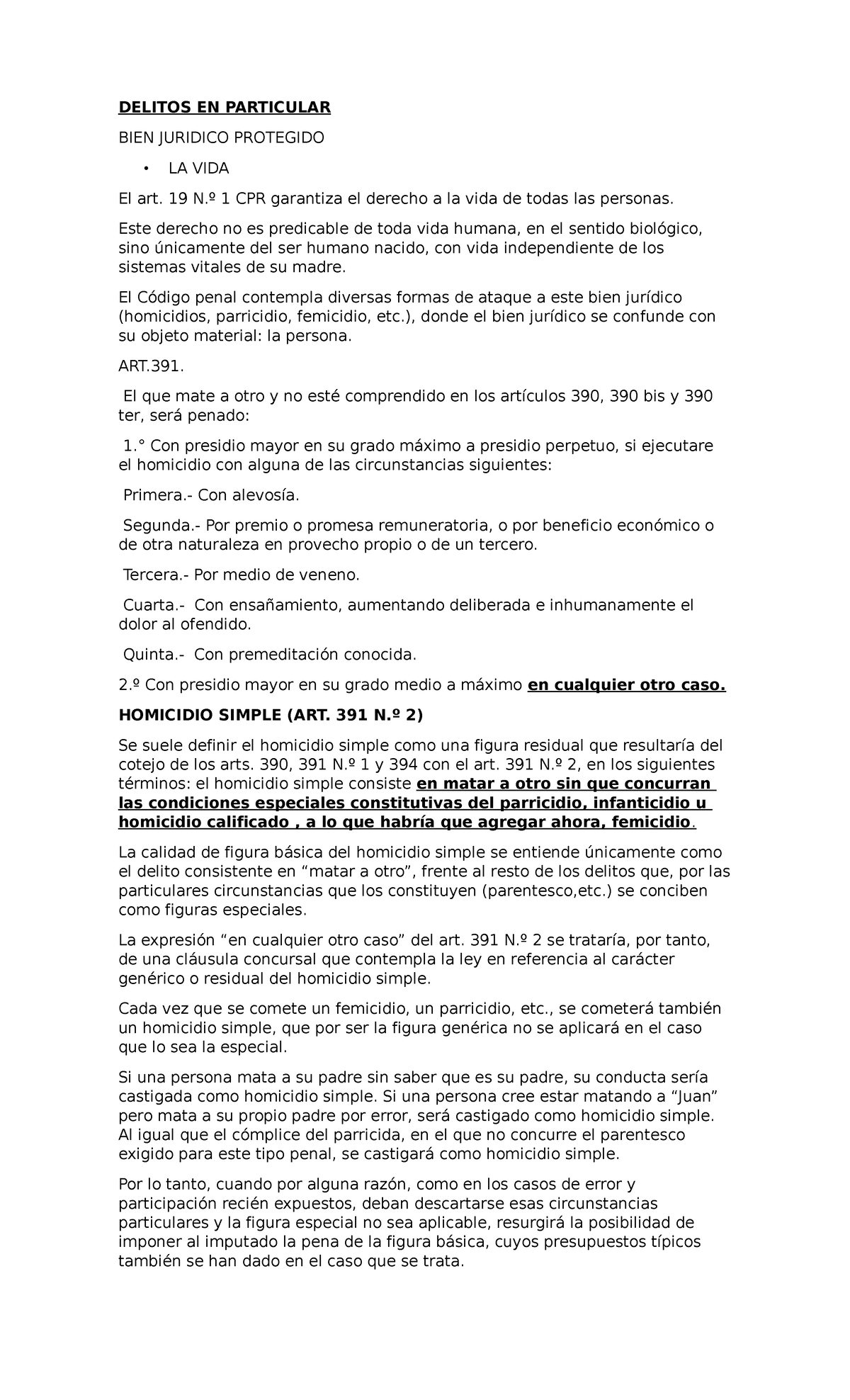 Delitos en Particular: Bien Jurídico Protegido - La Vida (CPR) - Studocu