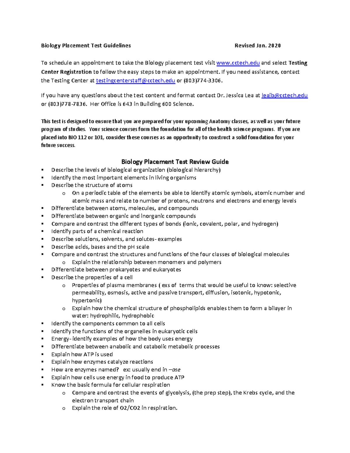 BIO Placement Test Review Guide - Updated Jan 2020 - Studocu