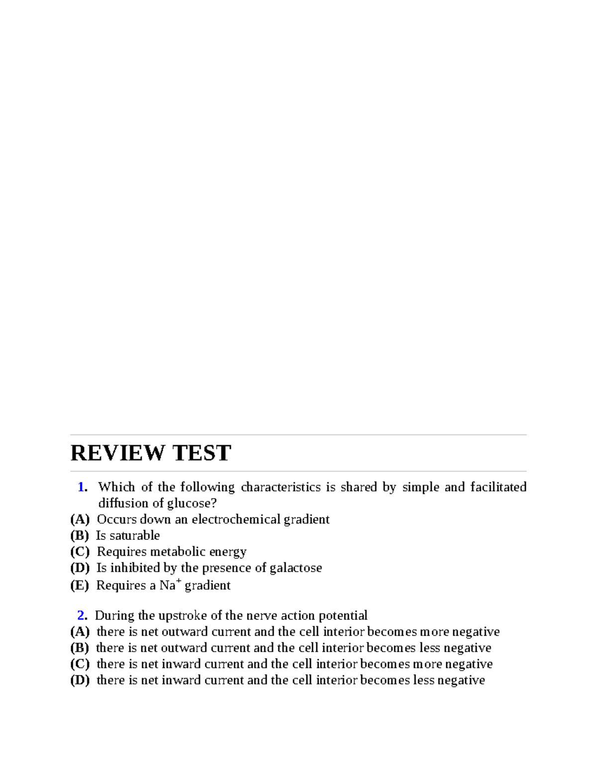 BRS Physio Ch1 QA: Review Test 1 on Membrane Transport and Action ...