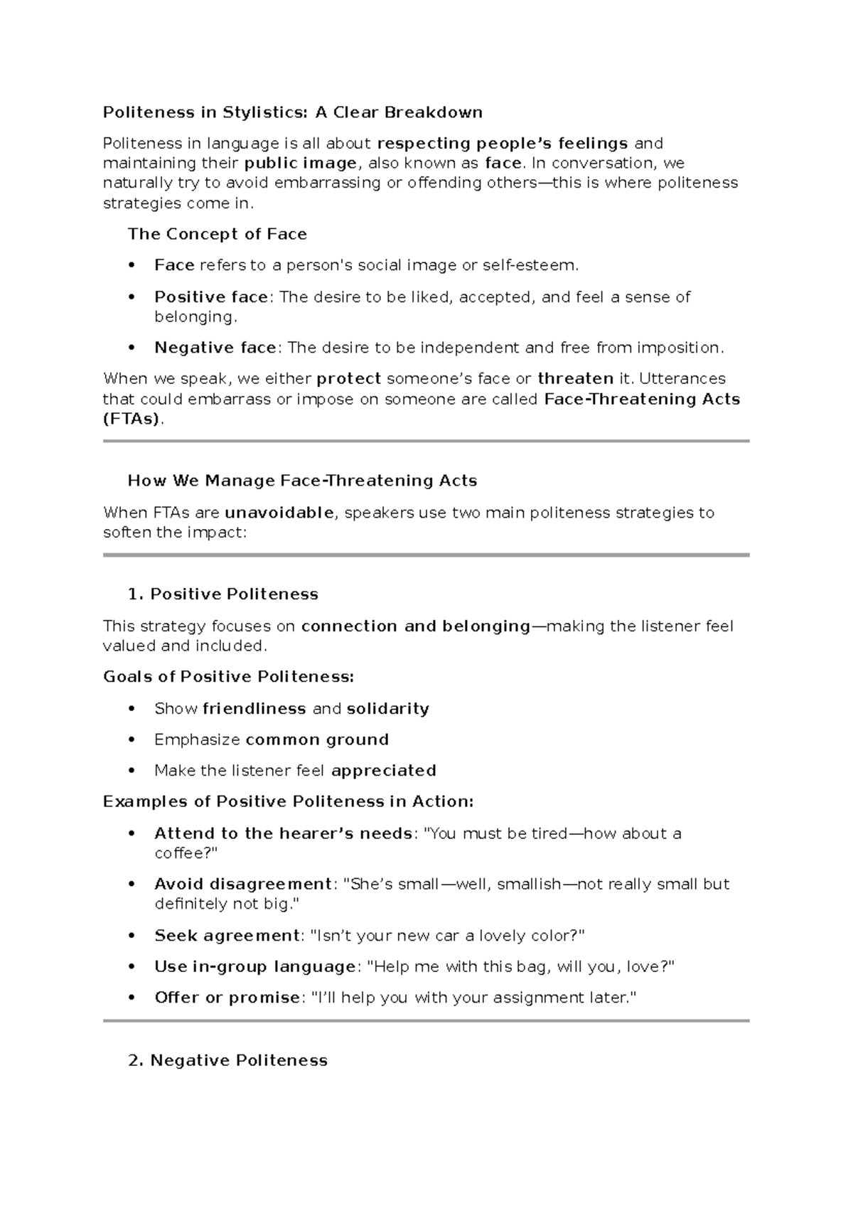 Politeness in Stylistics: Understanding Face and Strategies - Studocu