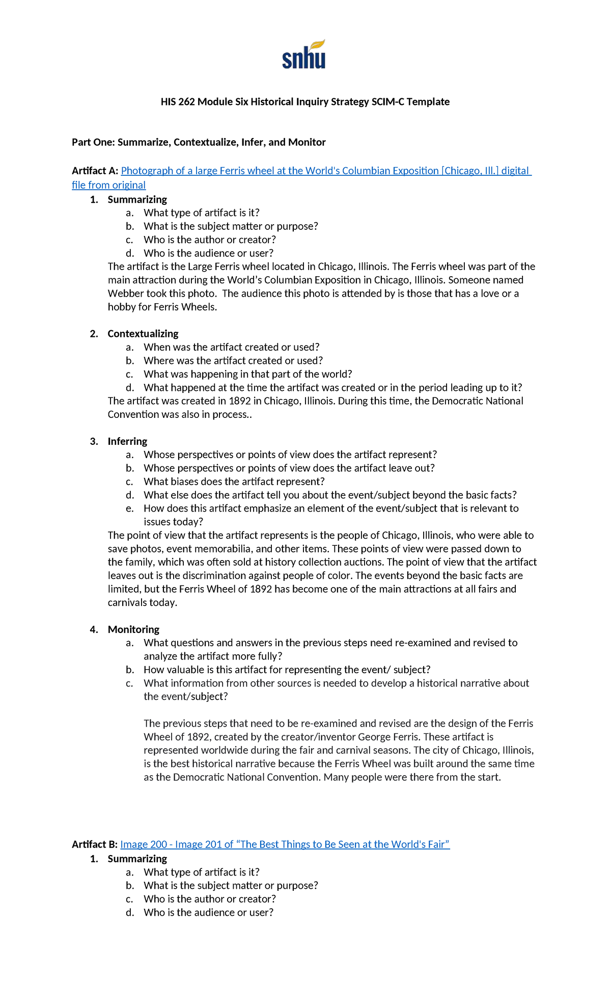 HIS 262 Module Six Historical Inquiry Strategy SCIM-C Template Analysis ...