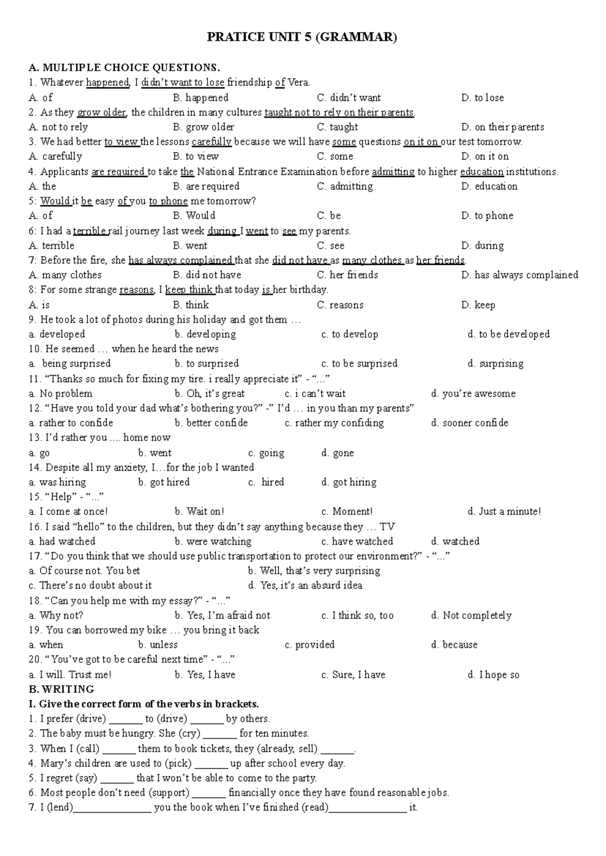 Practice Unit 5 (Grammar) - Multiple Choice Questions & Writing - Studocu