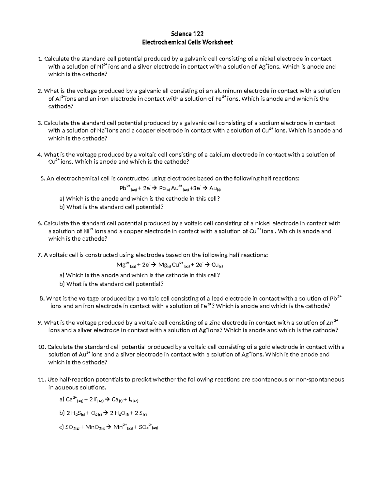 Science 122 Electrochemical Cells Worksheet & Key - Studocu