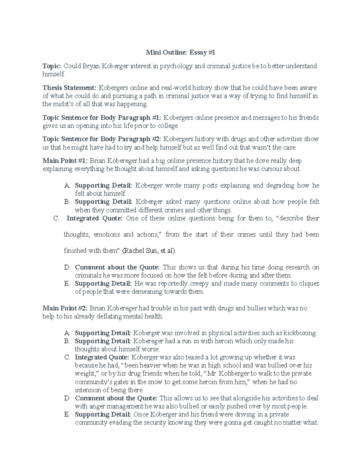 Essay Outline: Bryan Koberger's Journey in Psychology & Criminal ...