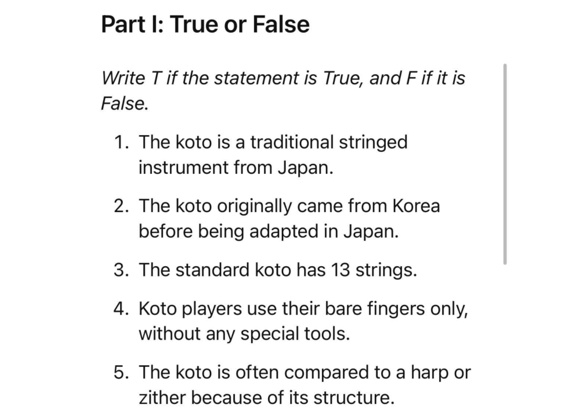 Music & Arts Quiz Q2: True or False on the Koto Instrument - Studocu