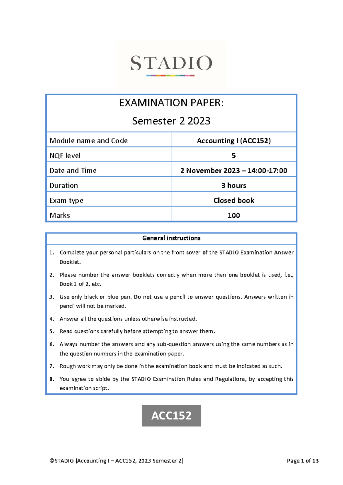 ACC152 2023 Semester 2 Examination Paper: Accounting I - Studocu