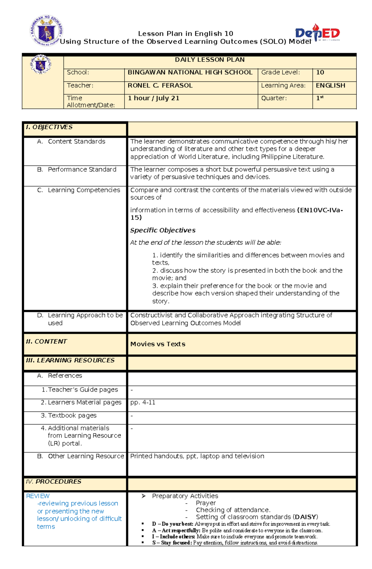 Lesson Plan for English 10: Exploring Movies vs Texts Using SOLO Model ...