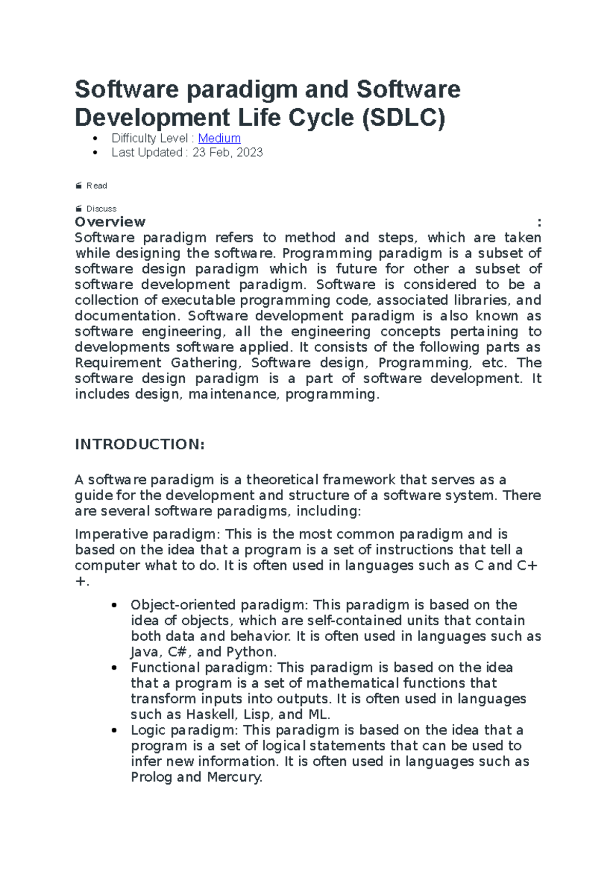 Software ENGI - Research on Software Paradigms & SDLC Models - Studocu