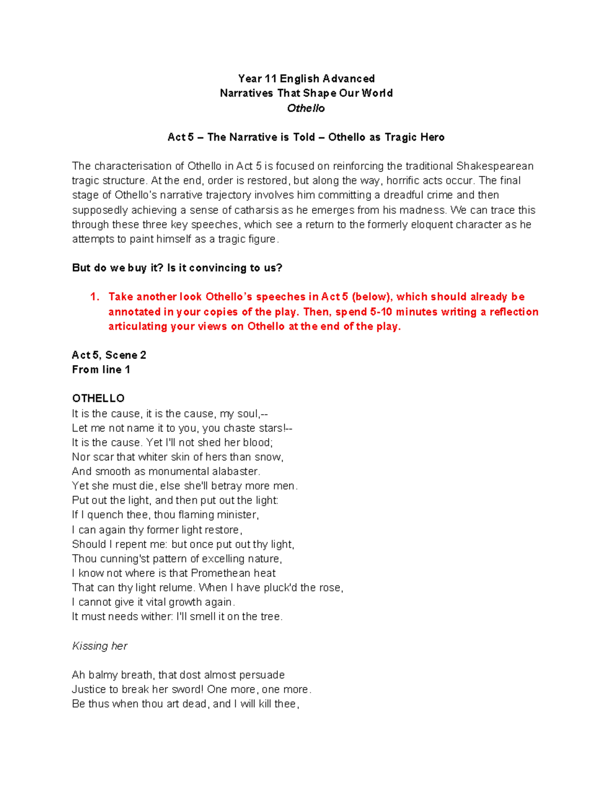 Year 11 English Advanced: Othello Act 5 - Tragic Hero Analysis - Studocu