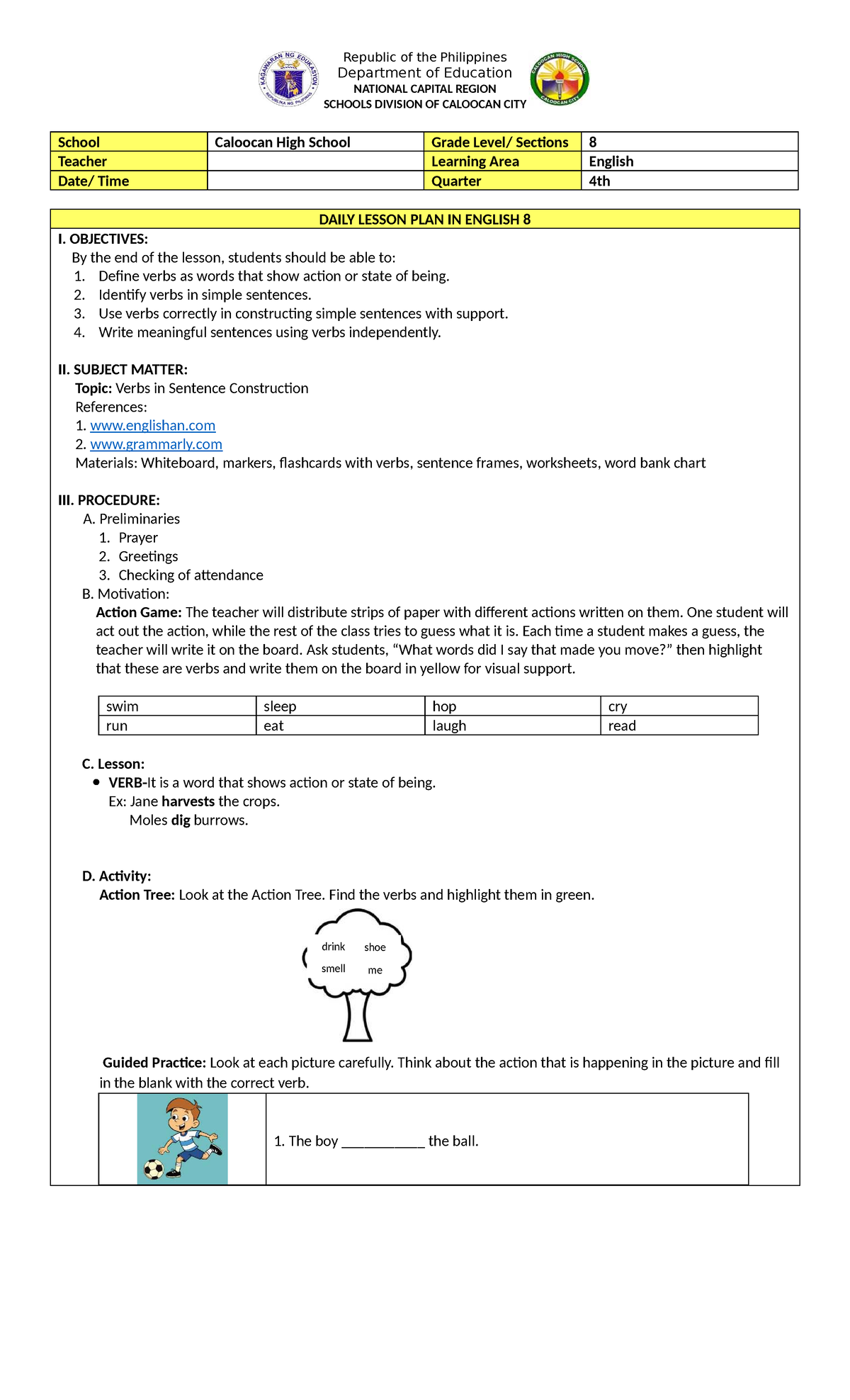 DLP English 8: Daily Lesson Plan on Verbs in Sentence Construction ...