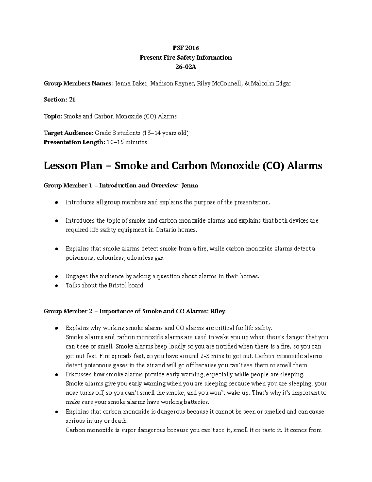 PSF 2016 Lesson Plan: Smoke and Carbon Monoxide (CO) Alarms - Studocu