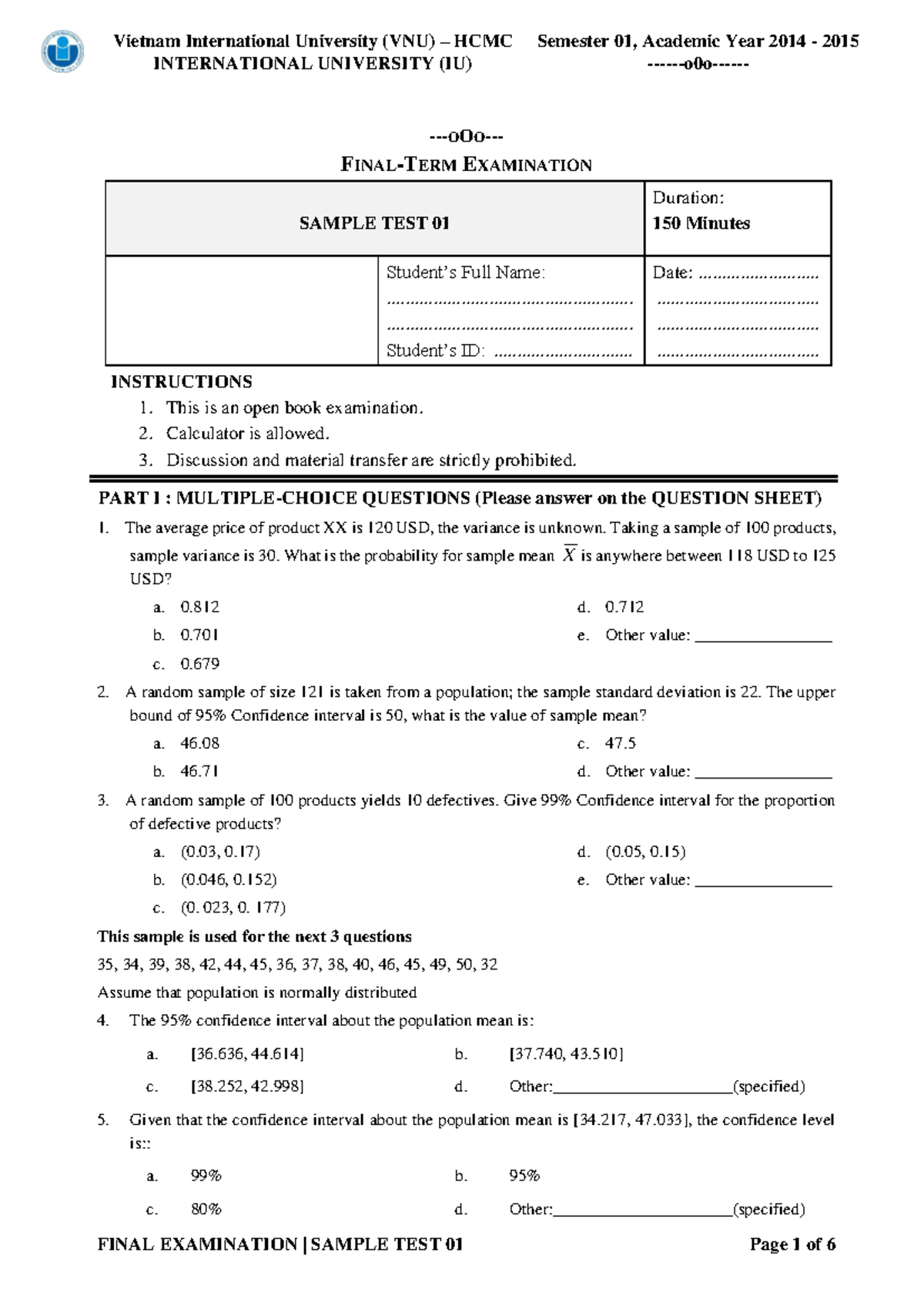Statistics FALL2014 - Final EXAM - Sample TEST 01 - INTERNATIONAL ...