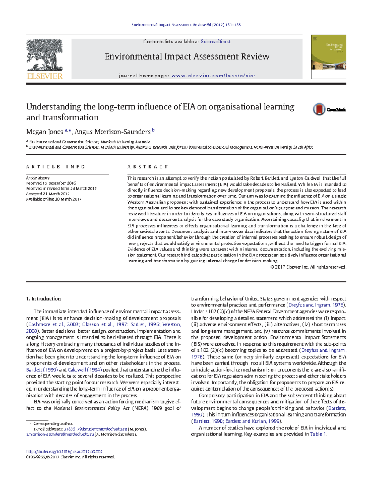Investigating Long-Term EIA Effects on Org. Learning: Insights from WA ...