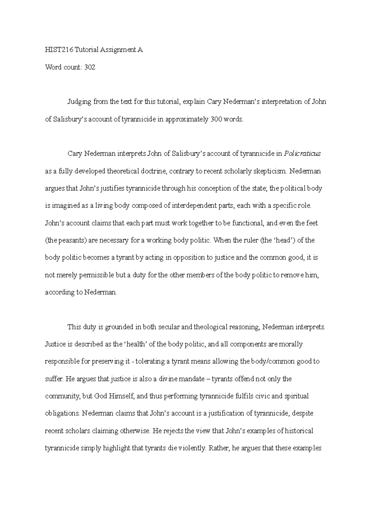 HIST216 Tutorial Assignment A: Cary's Interpretation of Tyrannicide ...