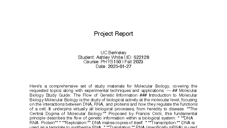 Molecular Biology Study Guide PHYS150 Fall 2023 - Studocu