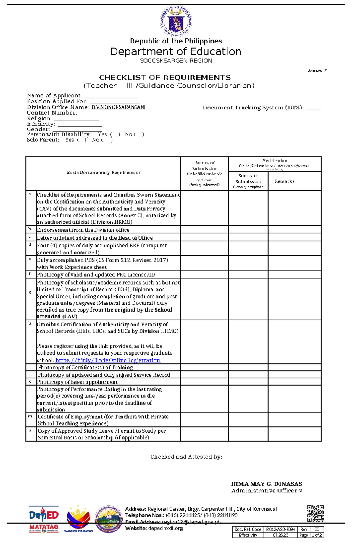 Recla Annex C - Checklist of Requirements for Teacher II-III Positions ...