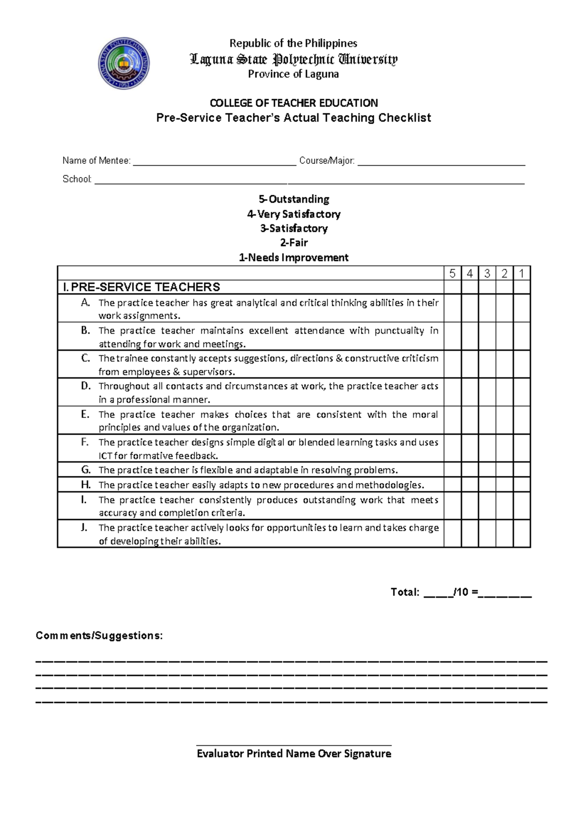 PST Evaluation Checklist for FS 1 & 2 - Laguna State Polytechnic ...