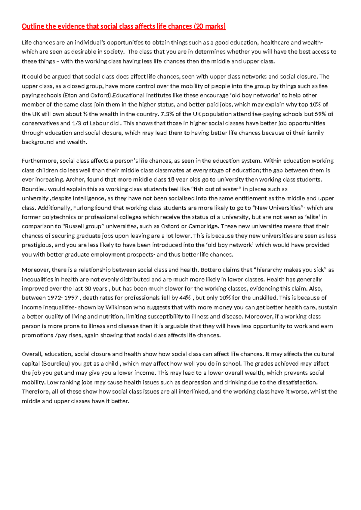 20-Mark Essay: The Impact of Social Class on Life Chances - Studocu