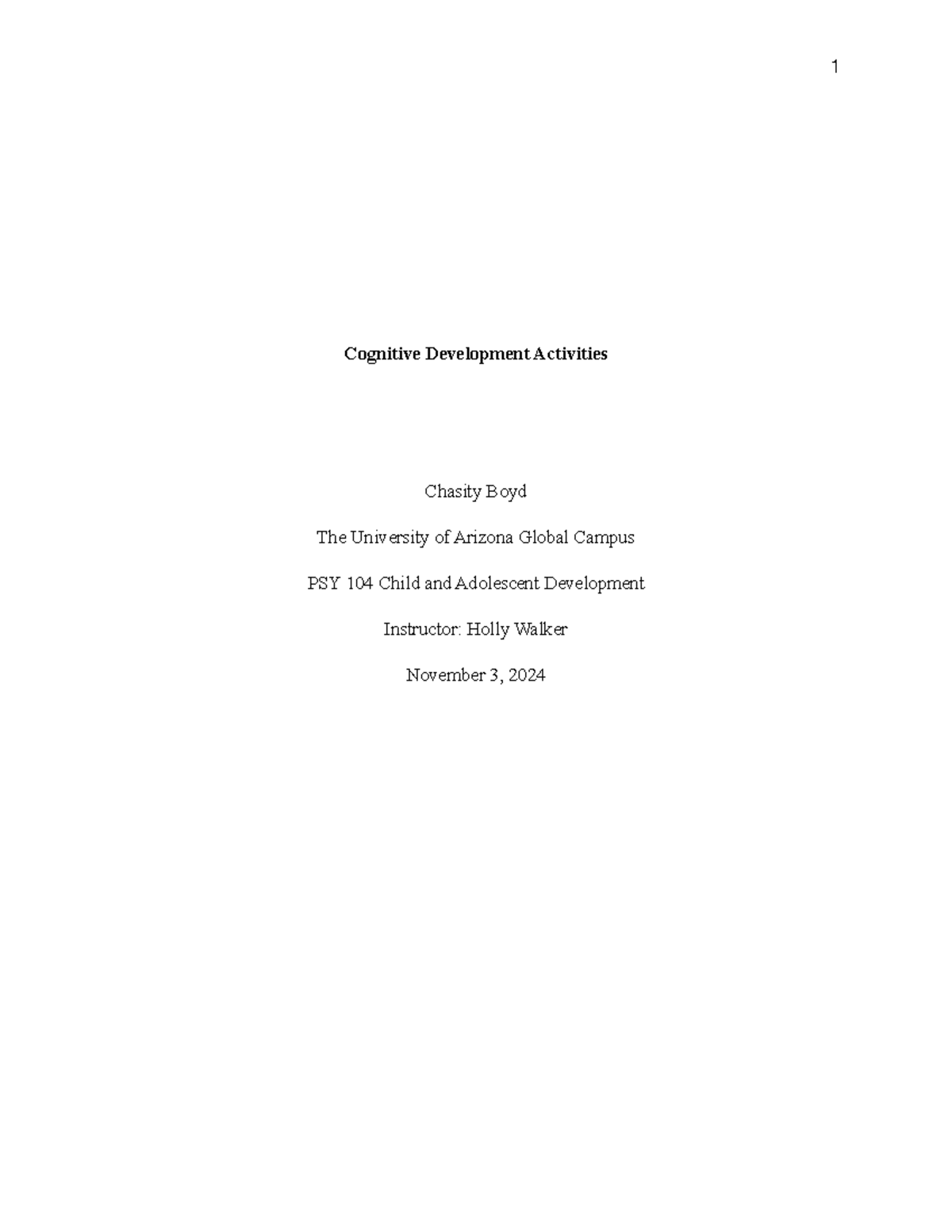 PSY 104 Week 3 Assignment: Activities for Cognitive Development - Studocu