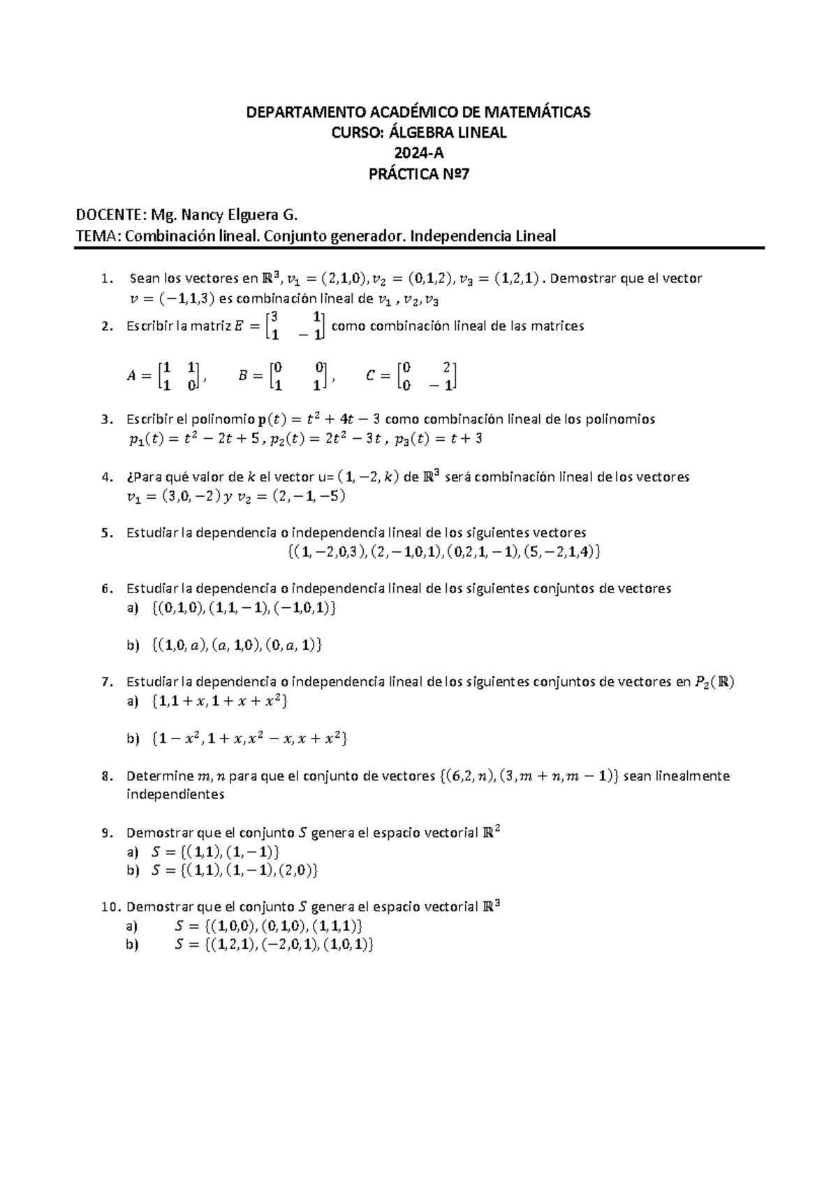 Práctica 7: Combinación Lineal y Conjunto Generador en Álgebra Lineal ...
