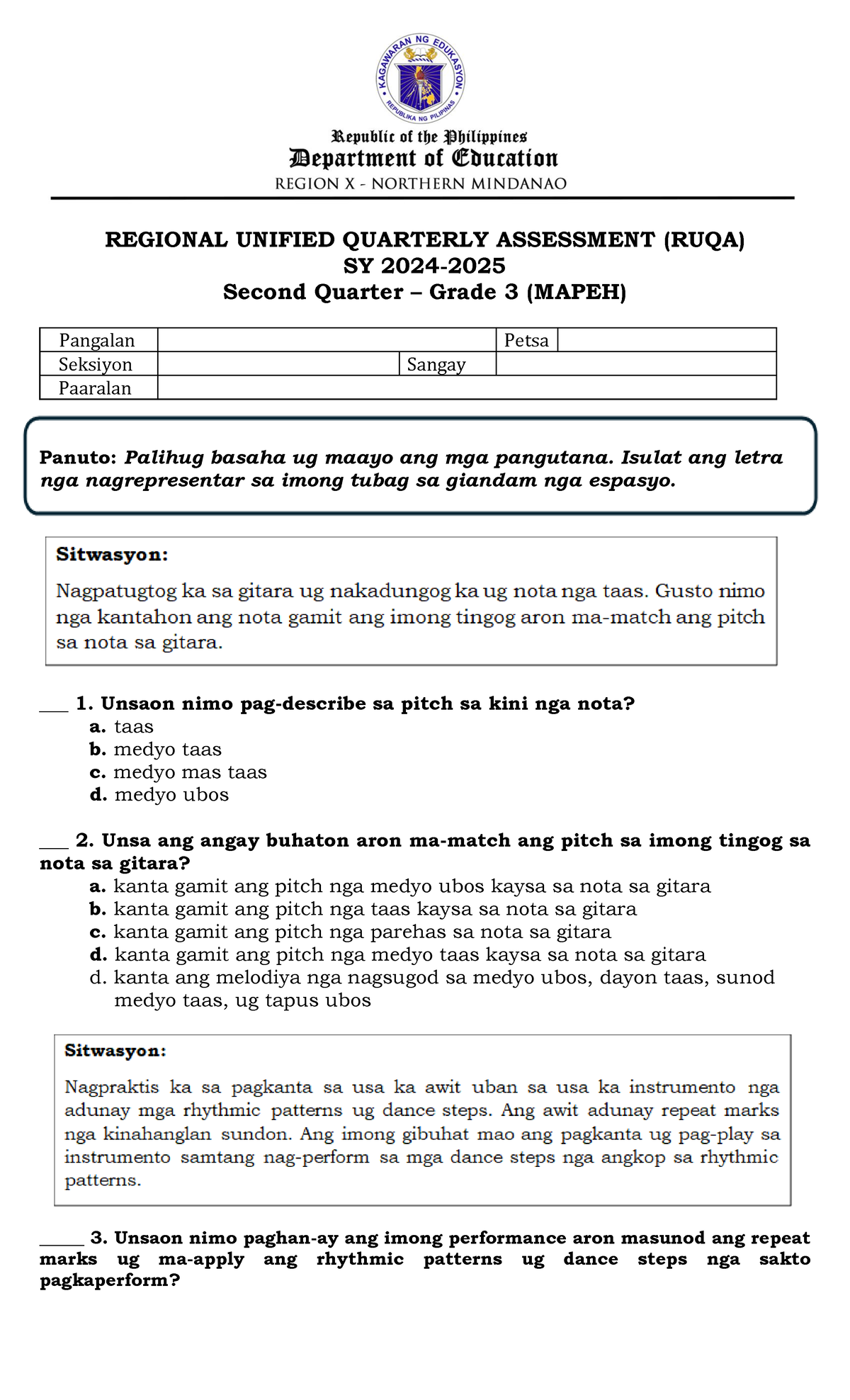 Grade 3 mapeh q2 final - test - REGIONAL UNIFIED QUARTERLY ASSESSMENT ...