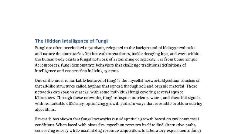 Fungi: The Hidden Intelligence and Ecological Architects - Essay - Studocu