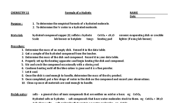 CHEMISTRY 11 Hydrate Lab: Empirical Formula Determination - Studocu
