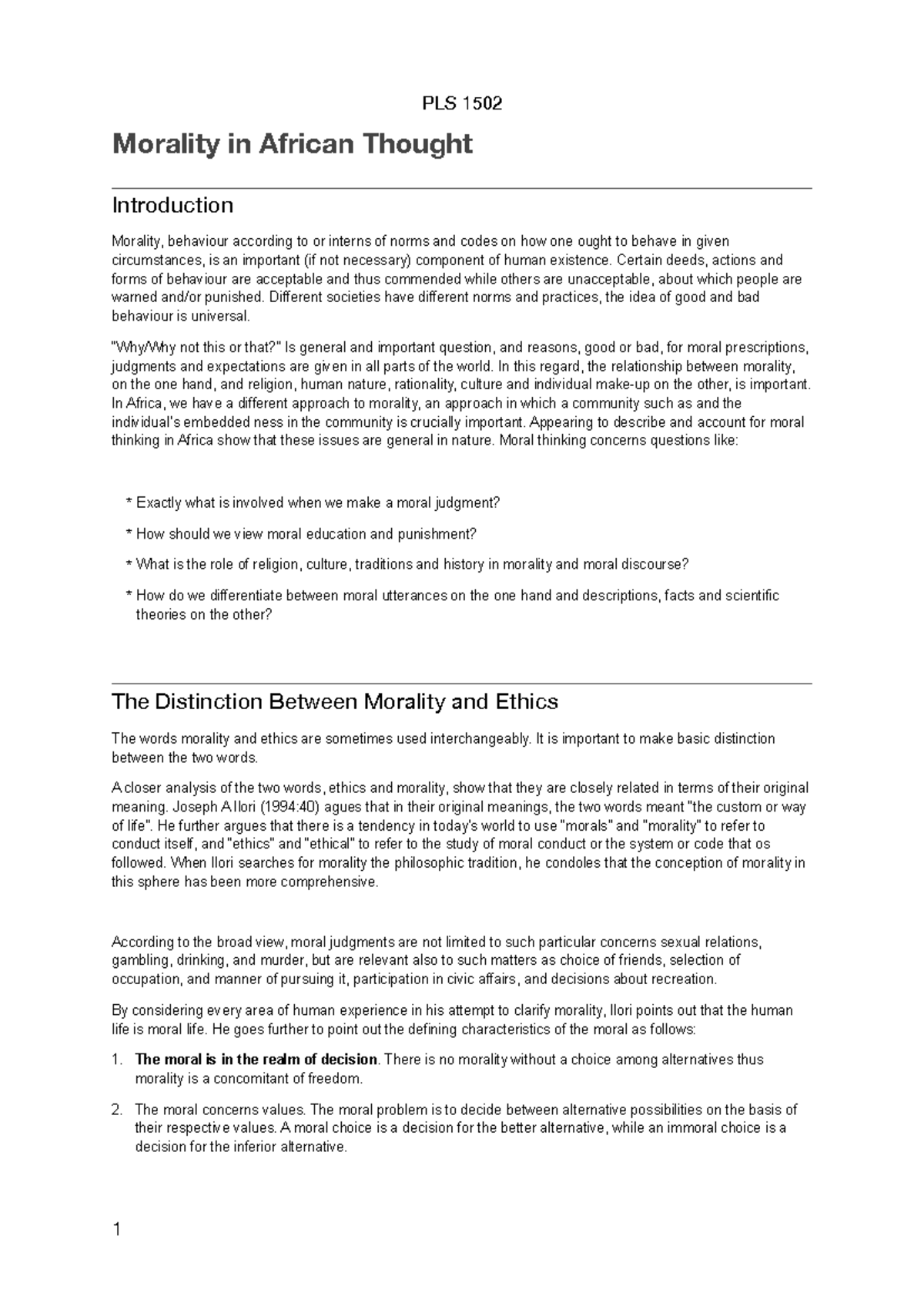 PLS 1502: Morality and Ethics in African Thought - A Comprehensive ...