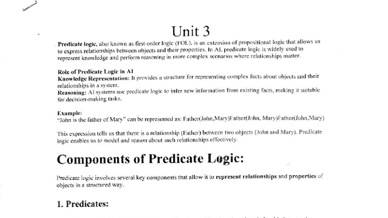 Unit 3: Understanding Predicate Logic in AI - Studocu