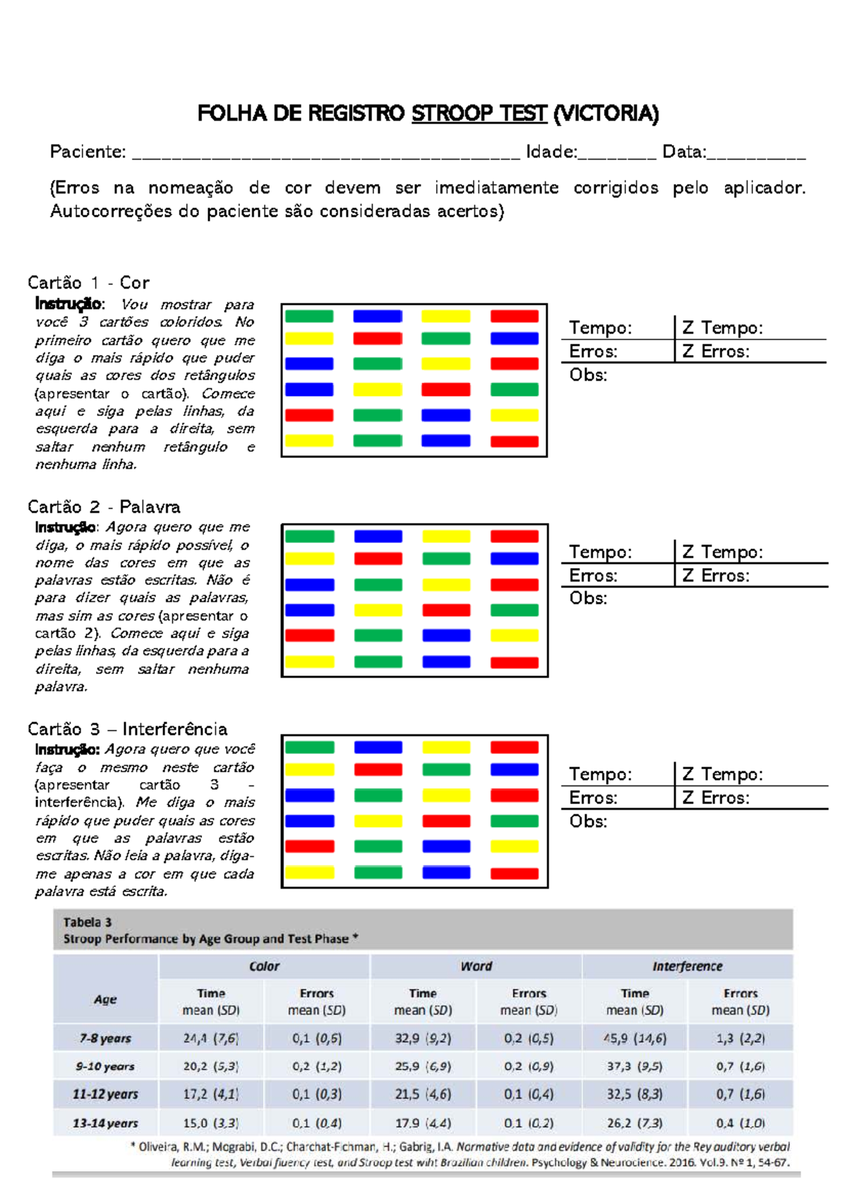 Folha de Registro do Teste Stroop (Victoria) - Instruções e Cartões ...