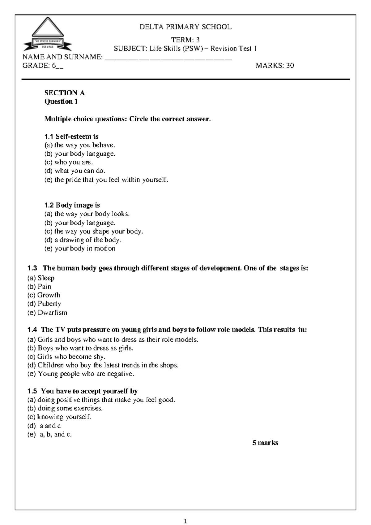 Grade 6 PSW Term 3 Life Skills Revision Test Notes - Studocu