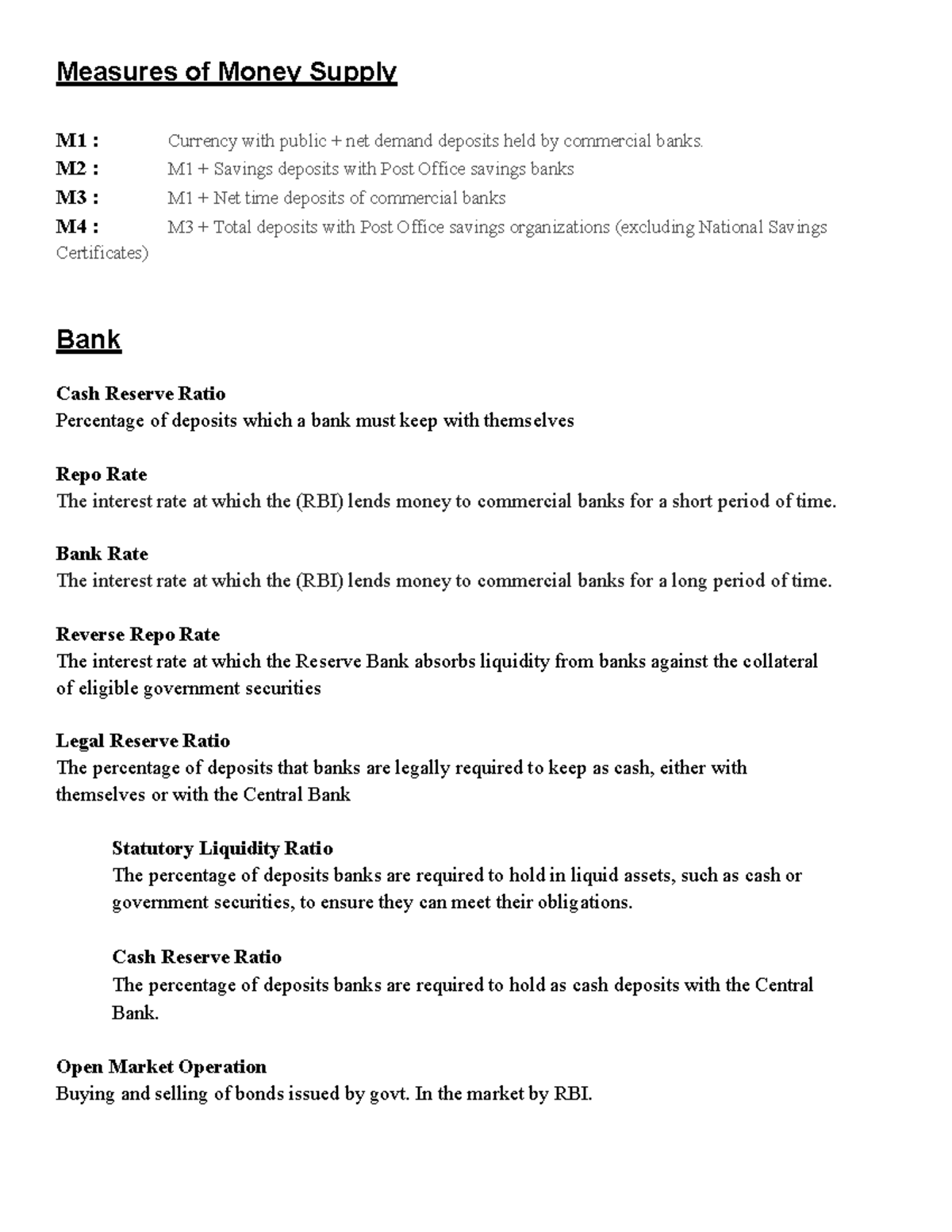 Measures of Money Supply: M1, M2, M3, M4 - Economics (Bank) - Studocu