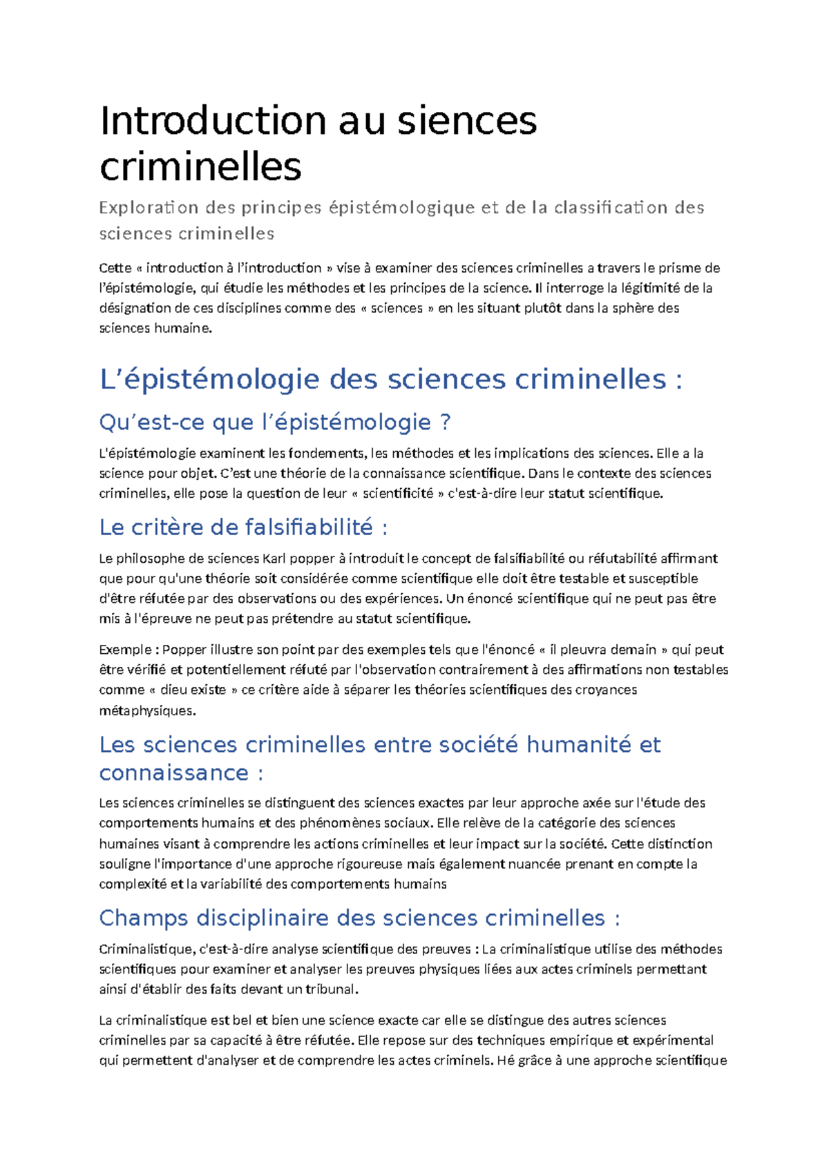 Introduction aux Sciences Criminelles : Épistémologie et Classification ...