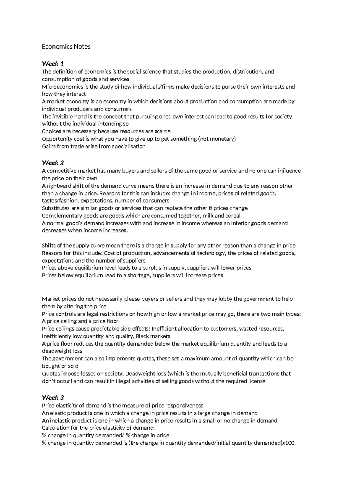 Economics Notes: Key Concepts from Weeks 1 to 10 Summary (ECO 101 ...