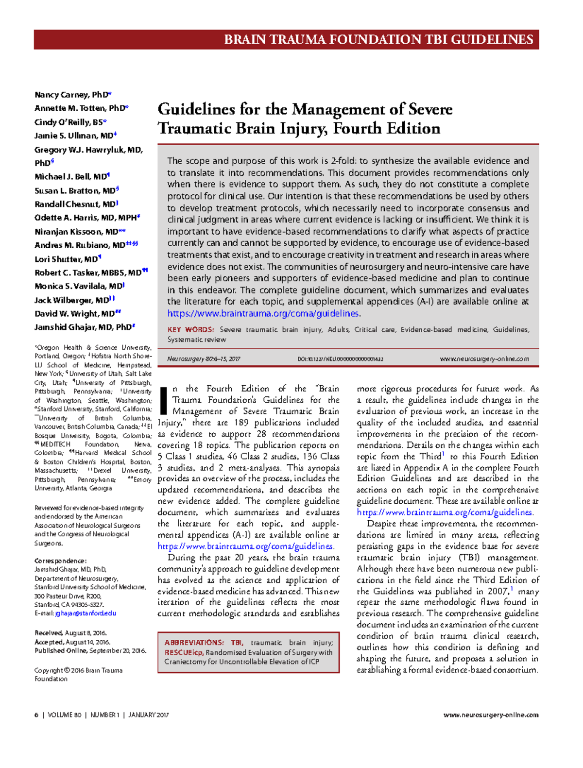 Guidelines for Management of Severe TBI (Traumatic Brain Injury ...