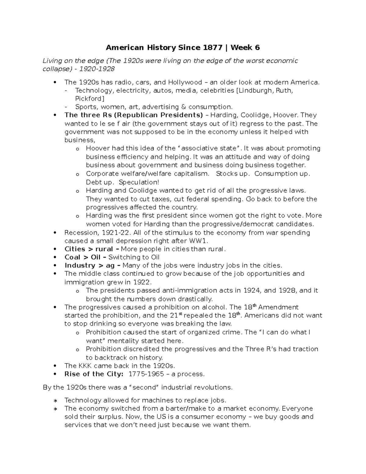 022125 - Lecture Notes on American History Since 1877: Week 6 Insights ...