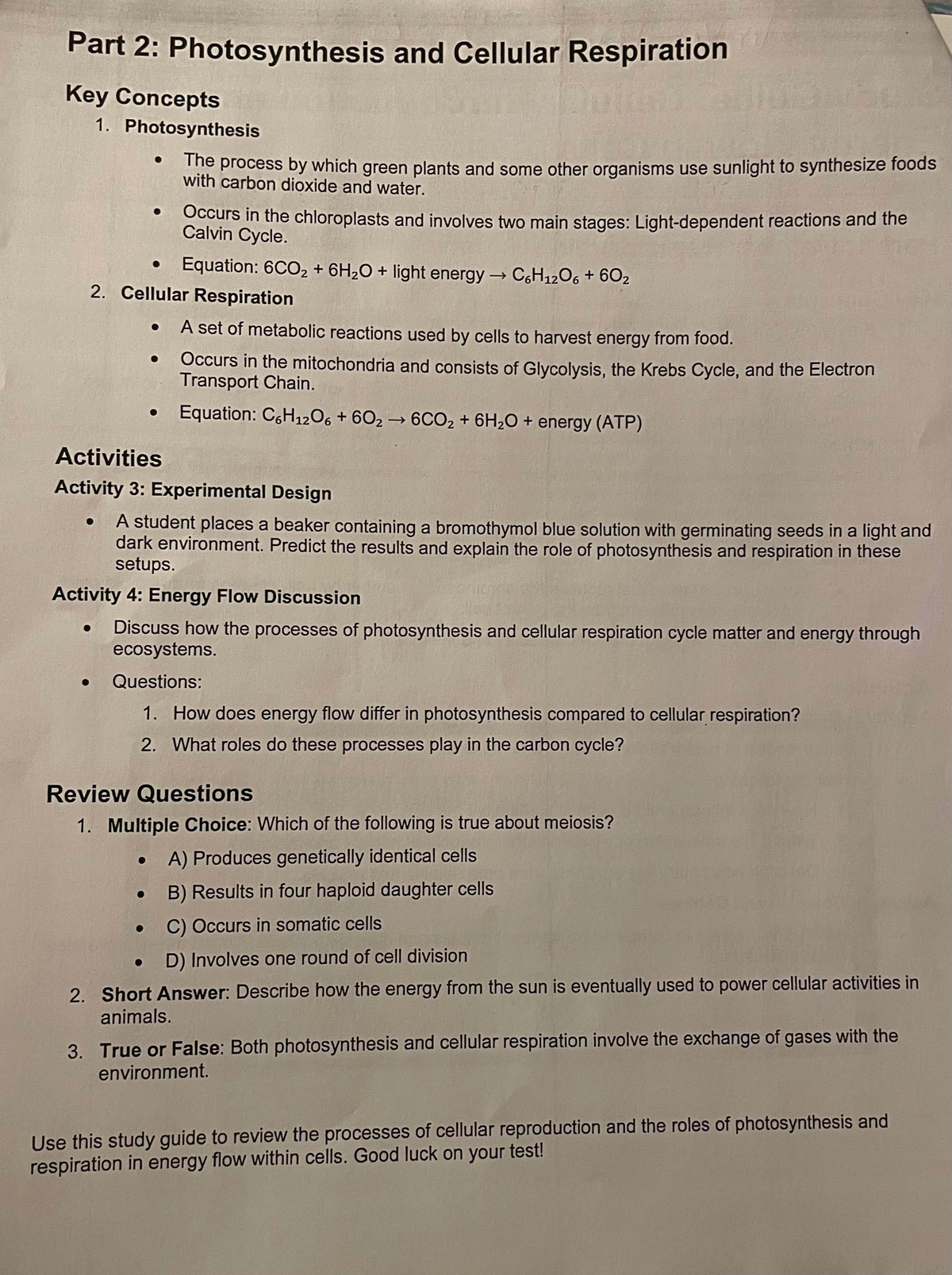 Final Exam Study Guide: Photosynthesis & Cellular Respiration (ABC123) - Studocu