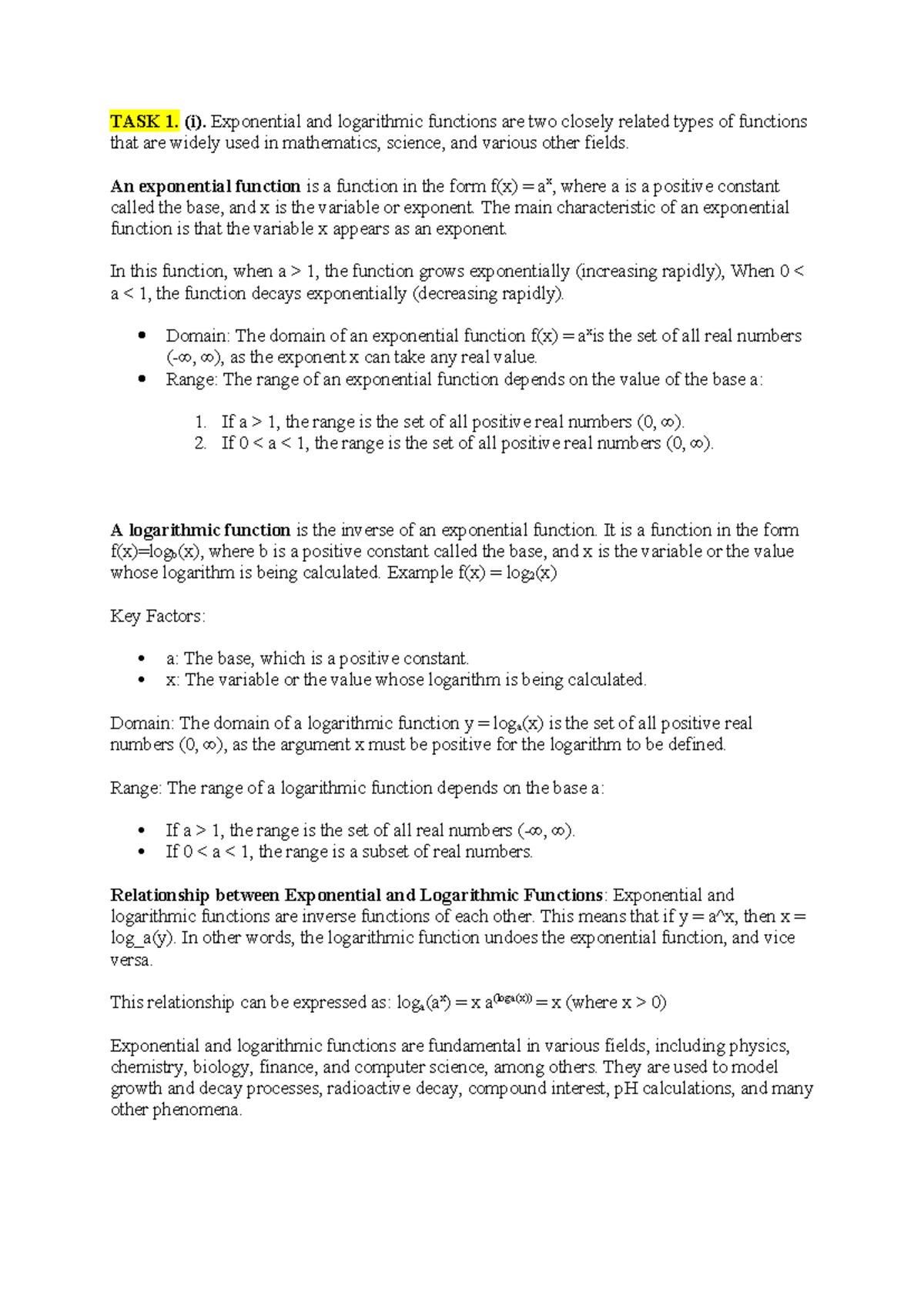 715807013 Math Assignment Unit 5 - TASK 1. (i). Exponential and logarithmic functions are two ...