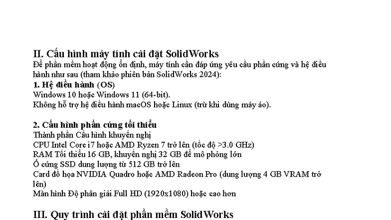 Hướng Dẫn Cấu Hình Máy Tính Cài Đặt SolidWorks 2024 - Studocu