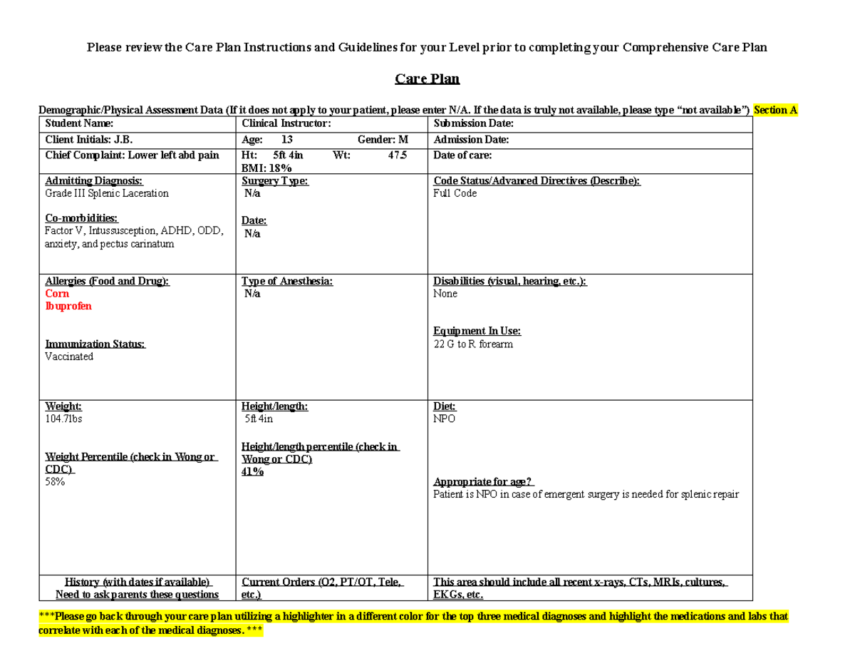 COMP CARE PLAN Level III - PEDS - 2023 - Copy - Please review the Care ...