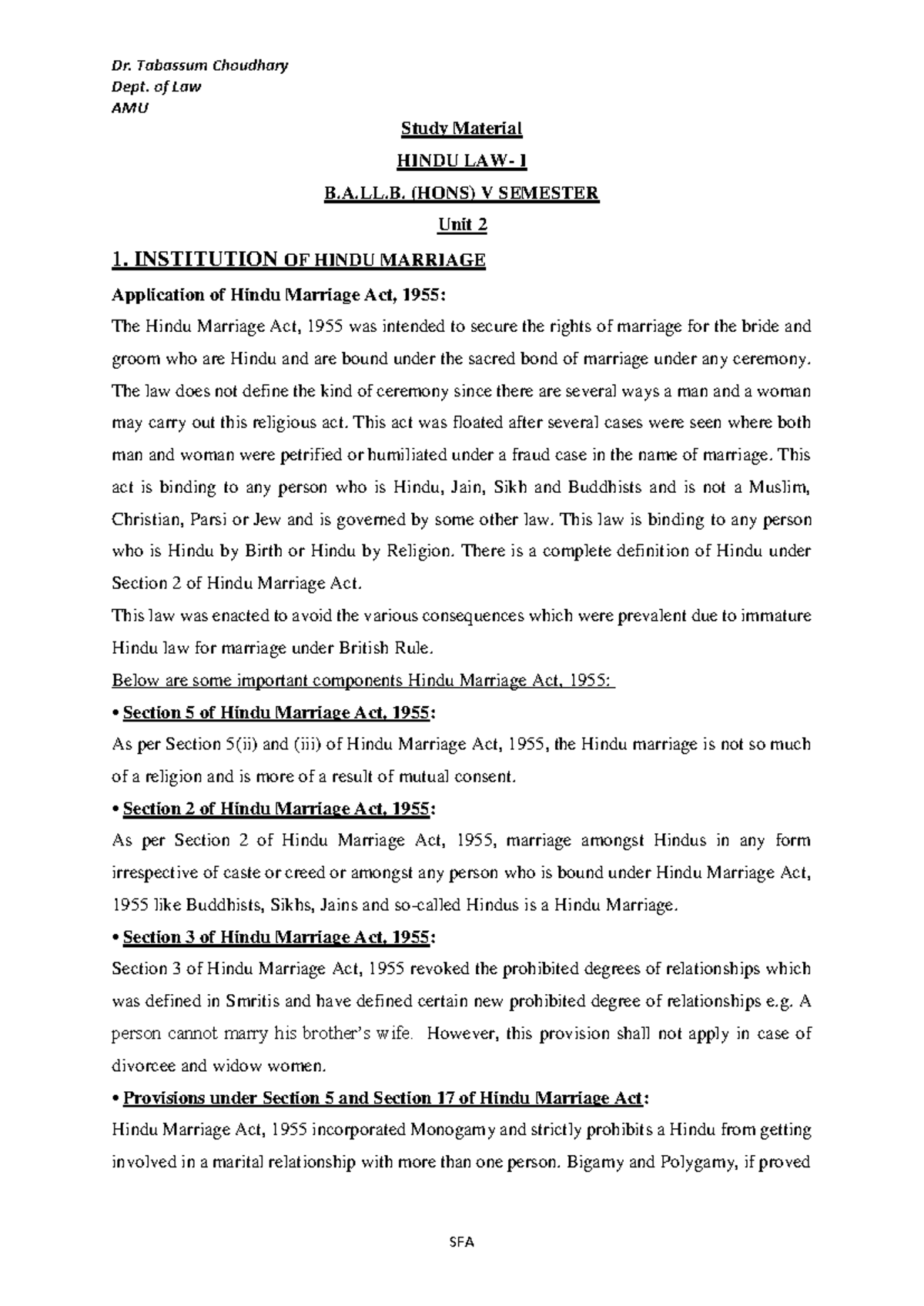 HINDU LAW-I: Comprehensive Notes on Hindu Marriage Act, 1955 - Studocu