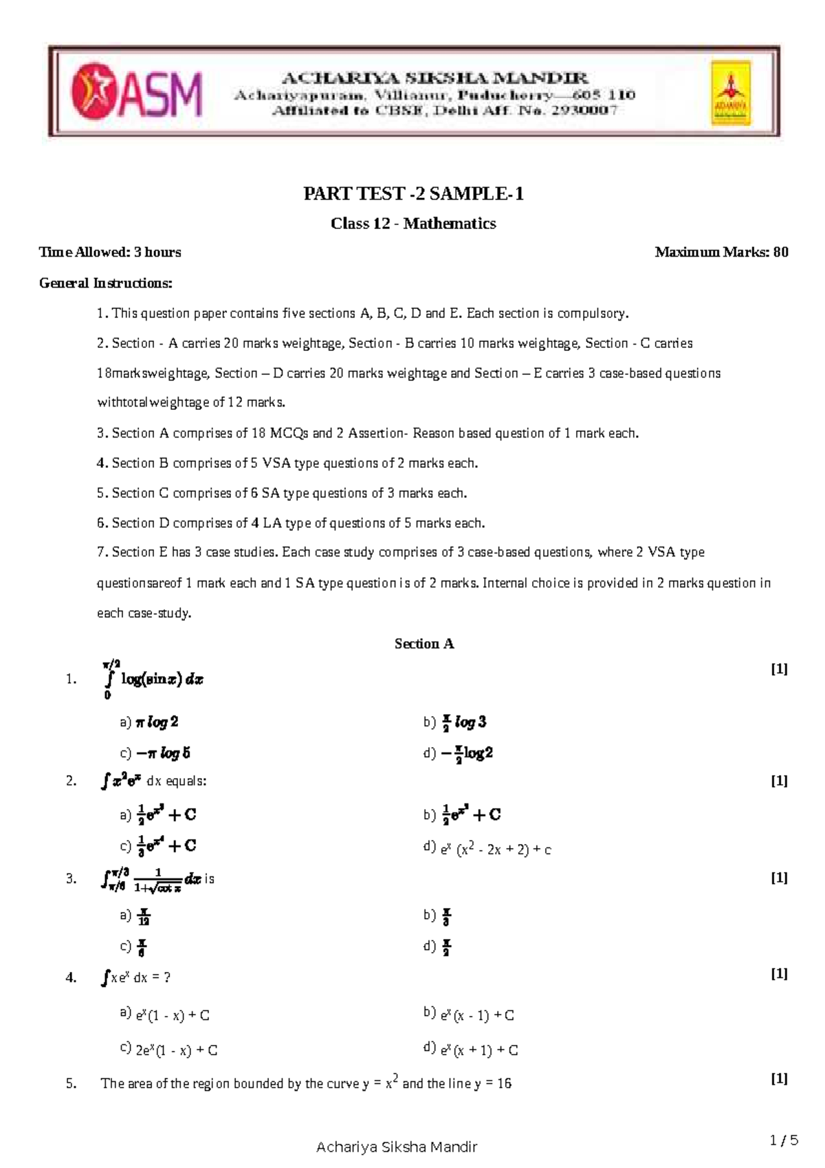 12 Maths Part Test-2 Sample-1 - Time Allowed: 3 hours Maximum Marks: 80 ...