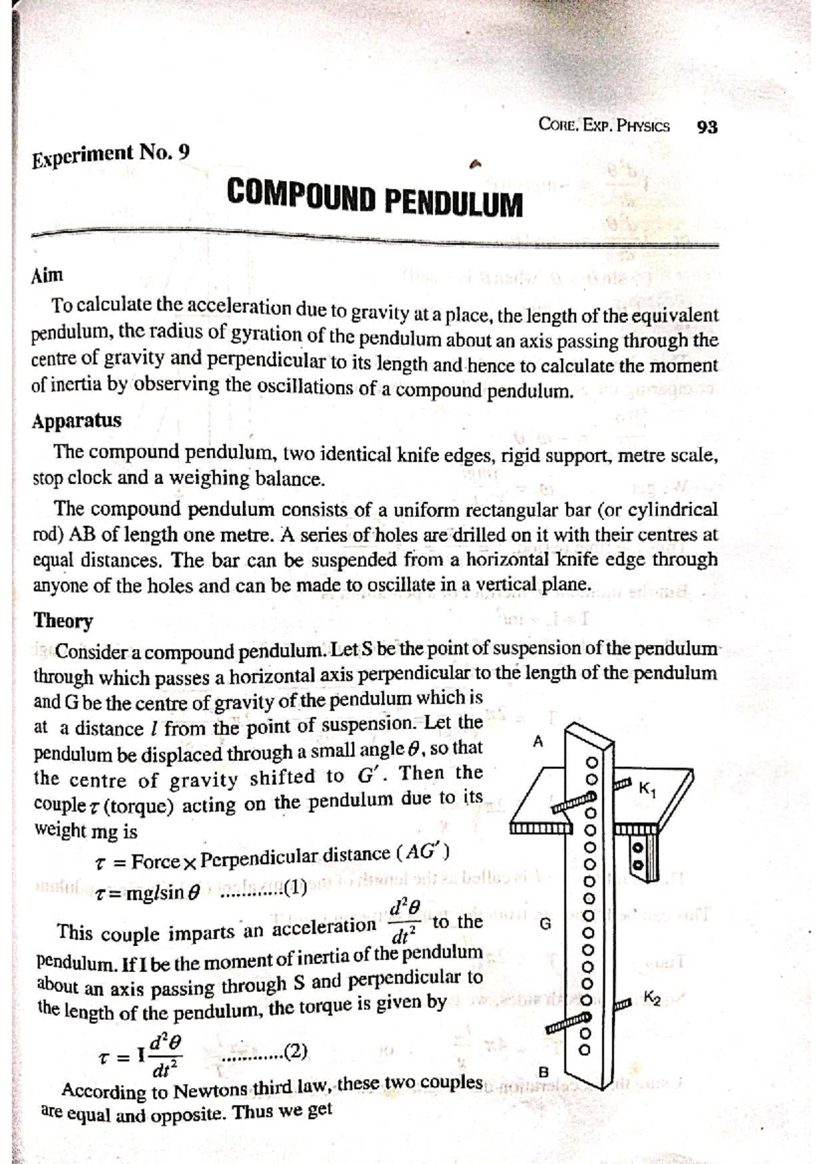 CORE. EXP. PHYSICS 93: Compound Pendulum Experiment for Gravity Measurement - Studocu