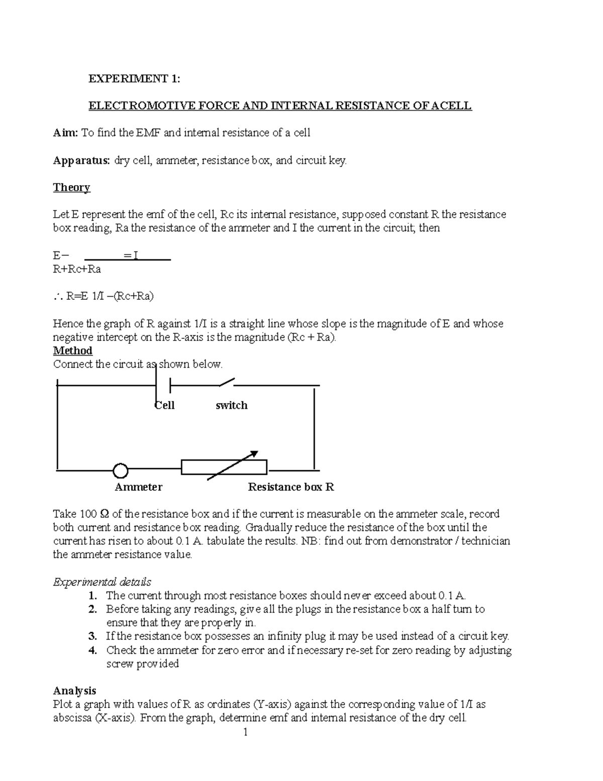 Electromotive Force AND Internal Resistance OF A CELL (1) - EXPERIMENT ...