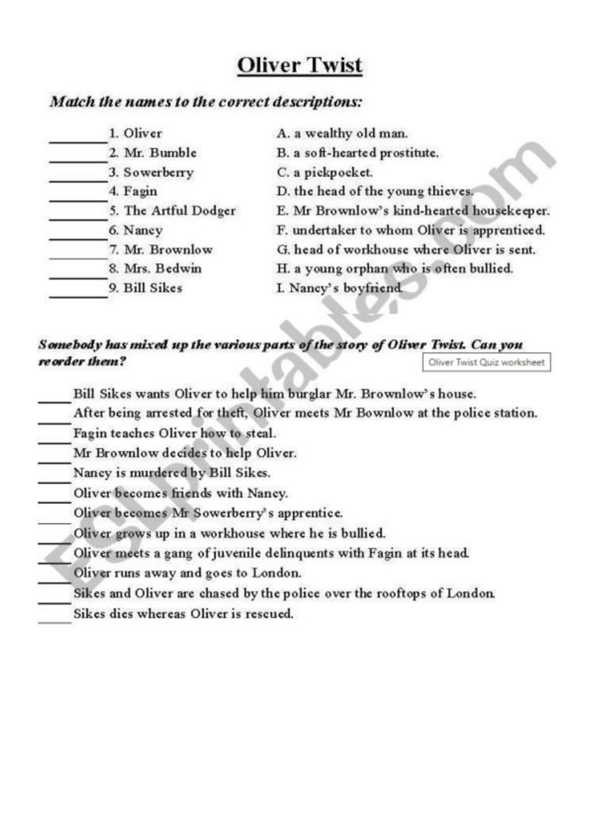 Oliver Twist quiz worksheet and character matching activity - Studocu