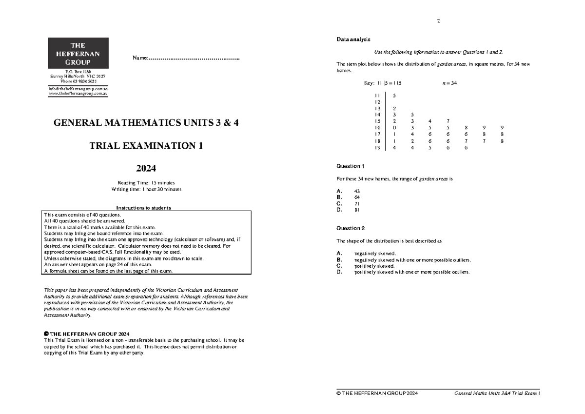 General Mathematics Units 3 4 Trial Exam 1 2024 - Data Analysis - Studocu