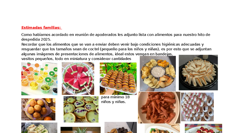 Lista de Alimentos para Hito de Despedida 2025 - Studocu