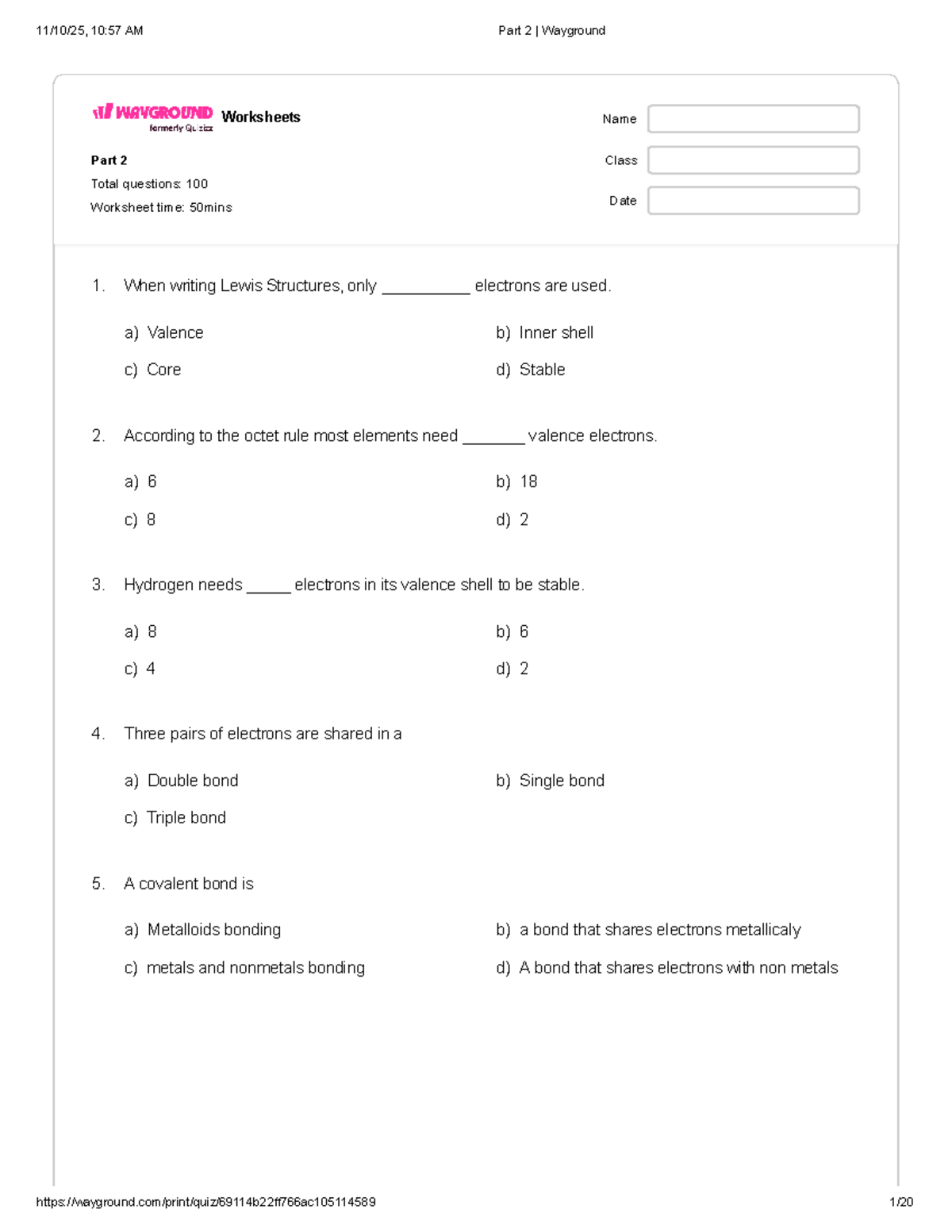 Chemistry 101: Wayground Worksheet Review - Part 2 - Studocu
