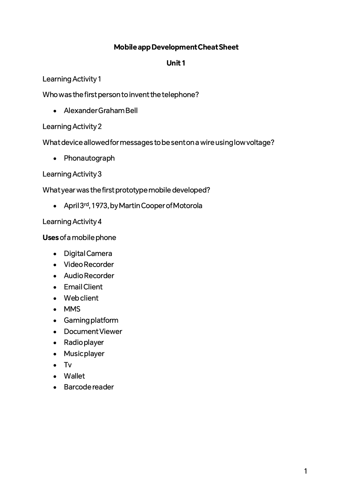 Mobile App Development Cheat Sheet: Unit 1 Learning Activities - Studocu