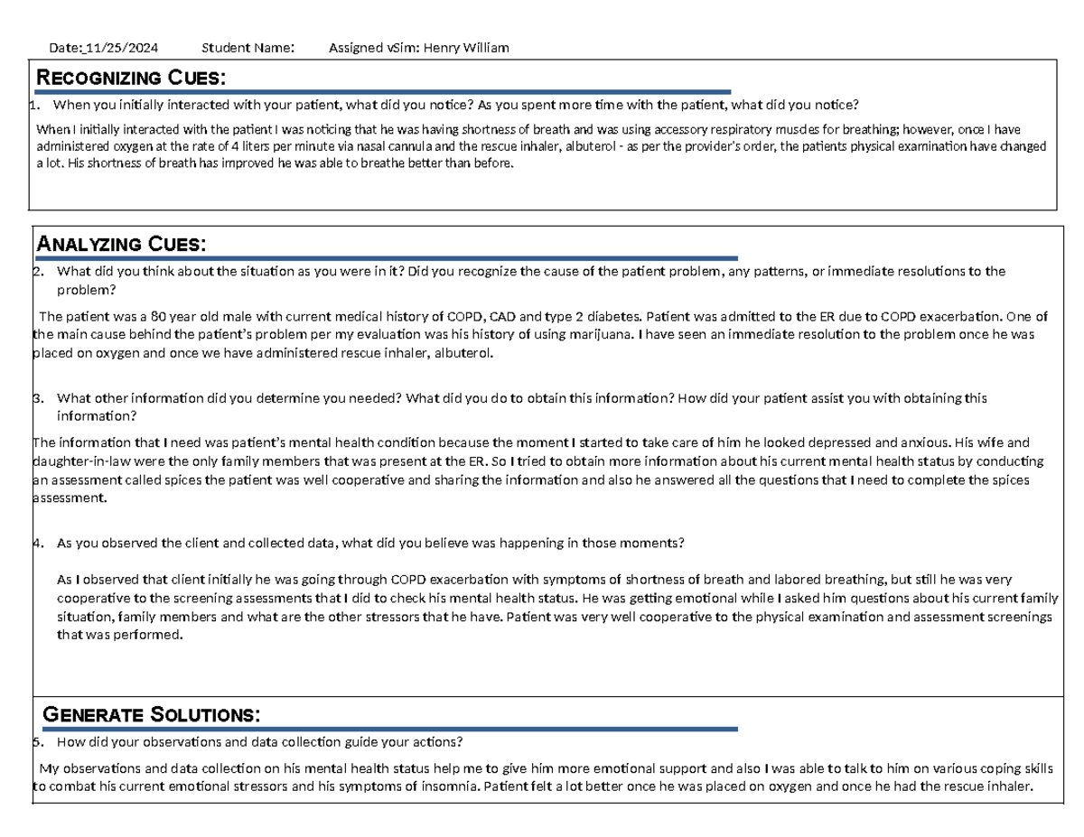 NURS 301 Final Exam Simulation: Henry William Post vSim Analysis - Studocu